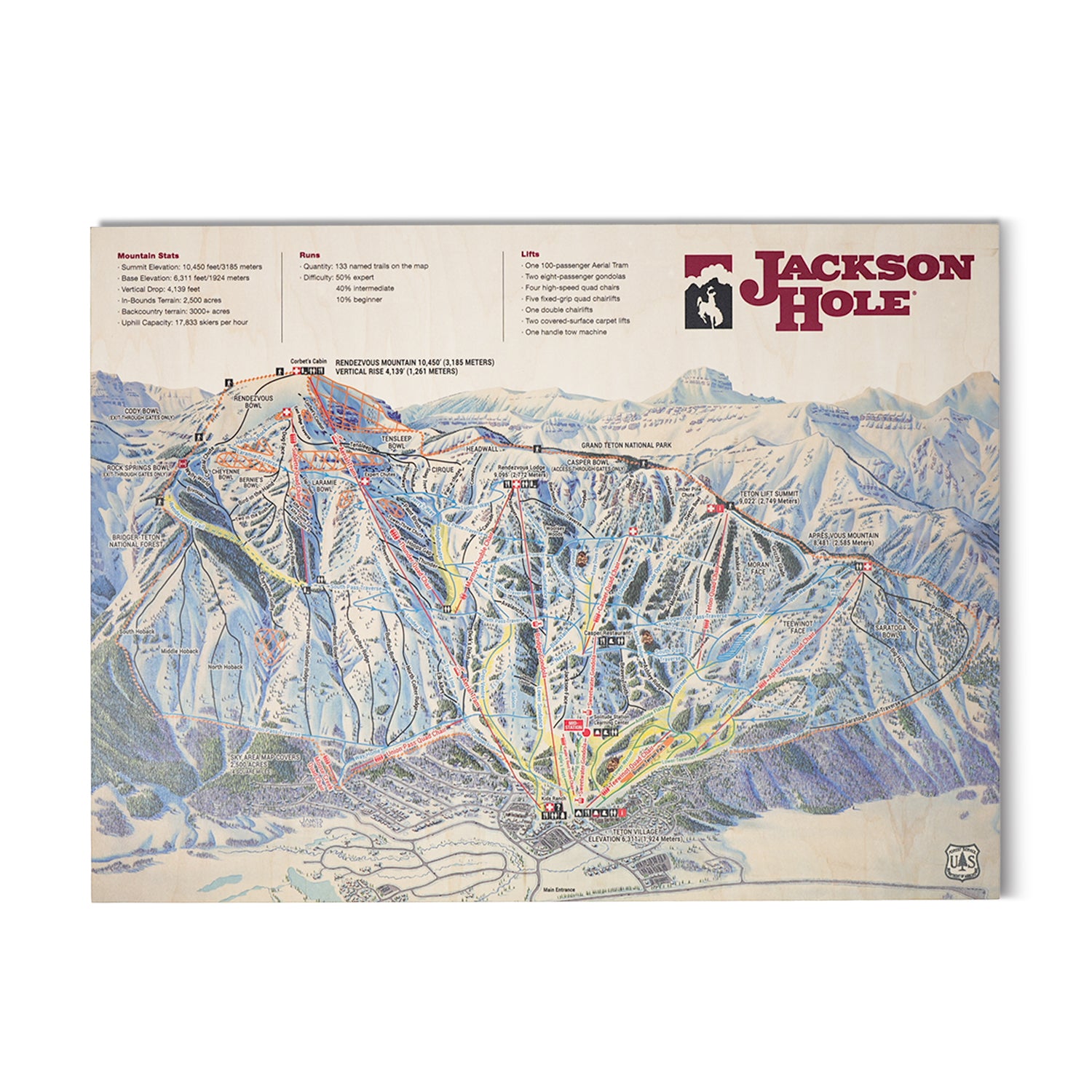 Wooden Trail Map 18X24 – Jackson Hole Mtn Resort